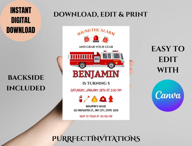 Canva EDITABLE Firetruck Invitation, Fire Truck Birthday Invite ...