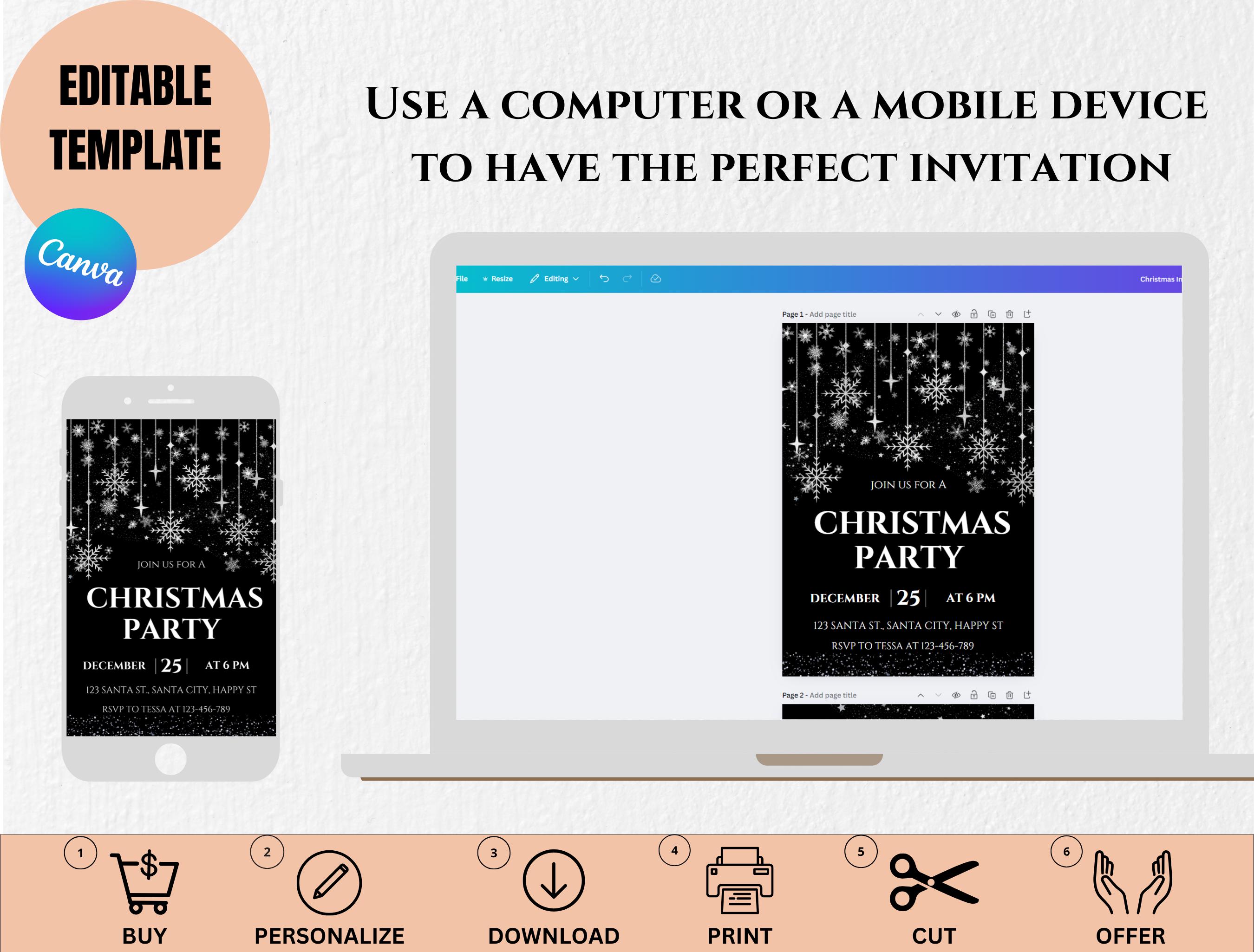 Editable Christmas Party Invitation Black Silver Christmas Invite ...