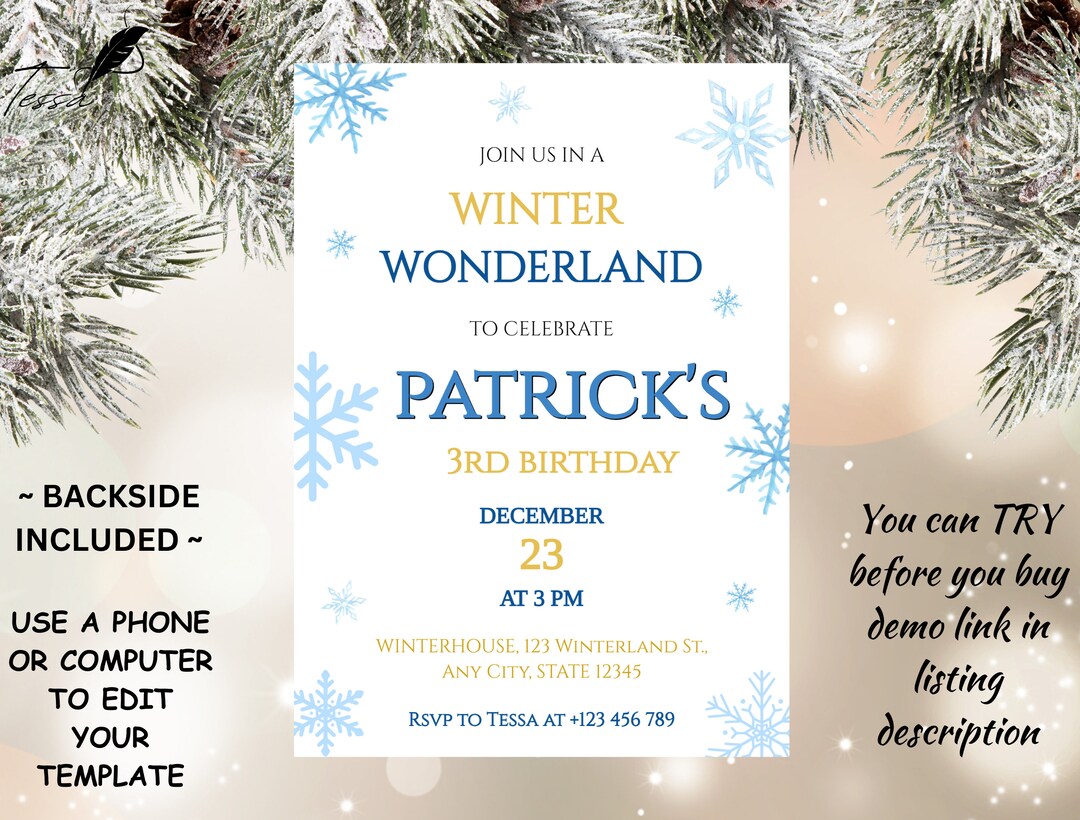 Editable Winter Birthday Invitation, Winter Wonderland Birthday ...