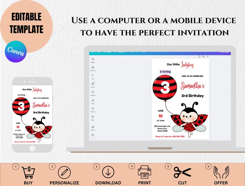Canva Editable Cute Ladybug Birthday Invitation, ANY AGE Ladybug Invite ...