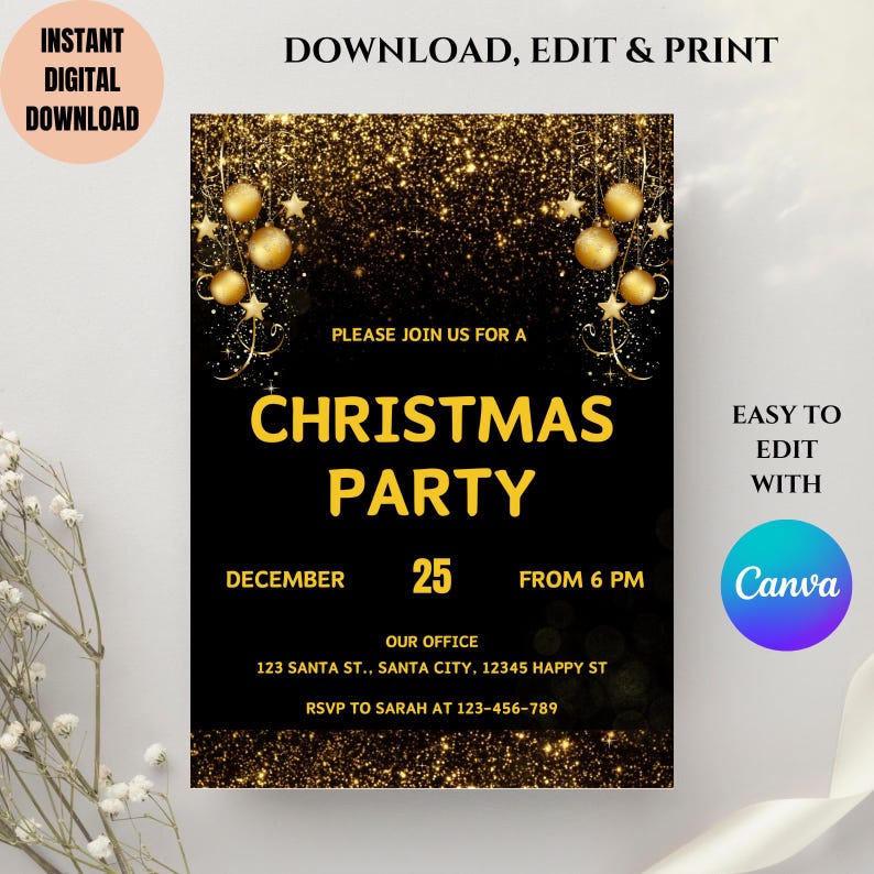 Editable Christmas Party Invitation Black and Gold Christmas Invite ...