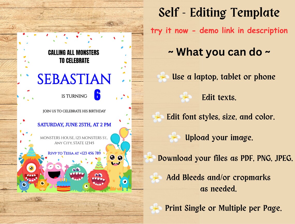 EDITABLE Cute Monsters Birthday Invitation, Monster Birthday Party ...