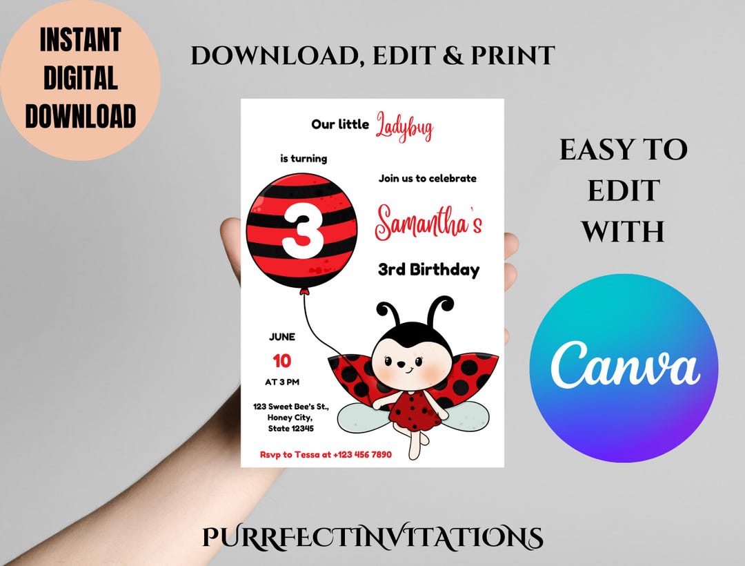 Canva Editable Cute Ladybug Birthday Invitation, ANY AGE Ladybug Invite ...