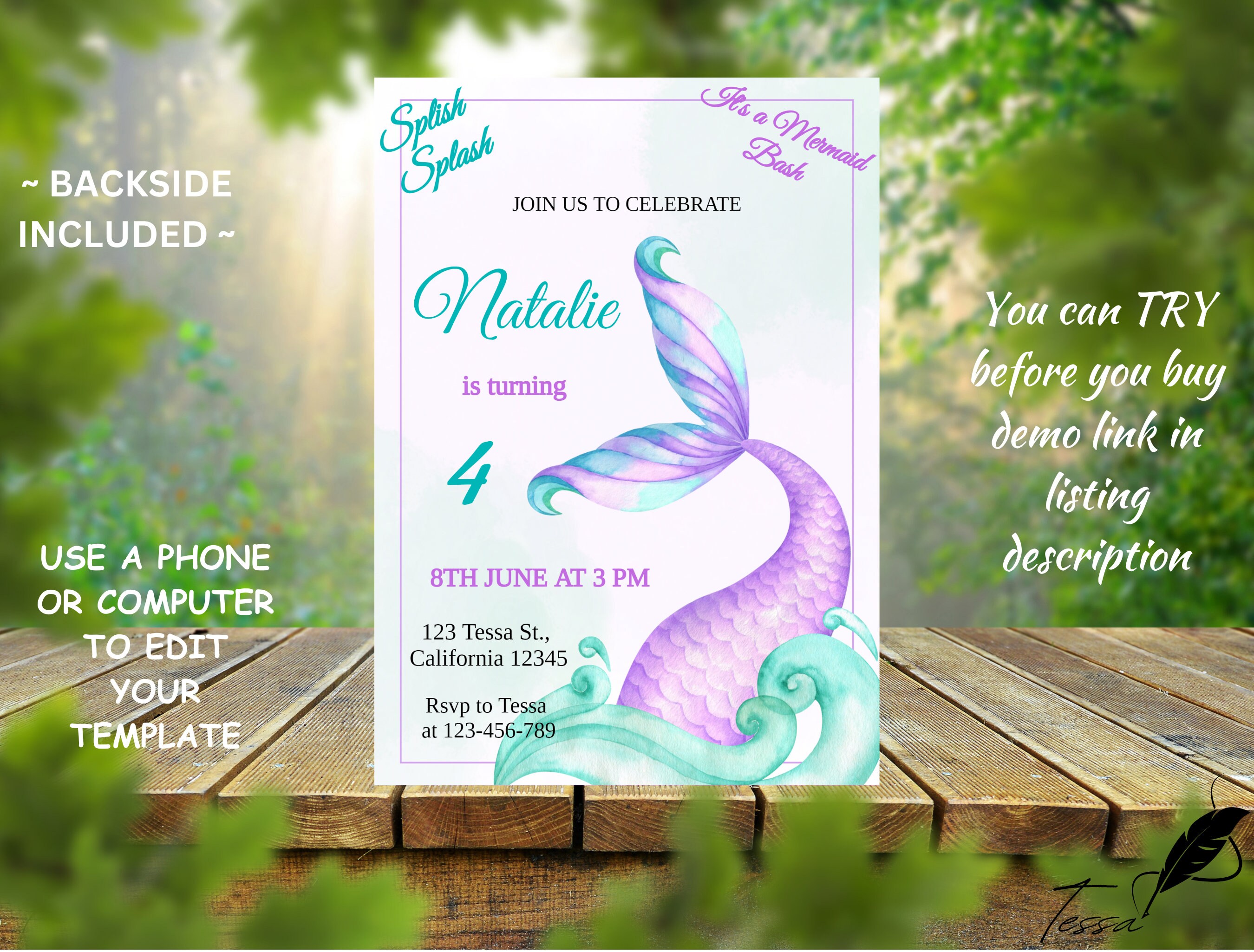 Editable Mermaid Birthday Invitation, Purple Mermaid Editable Invite ...