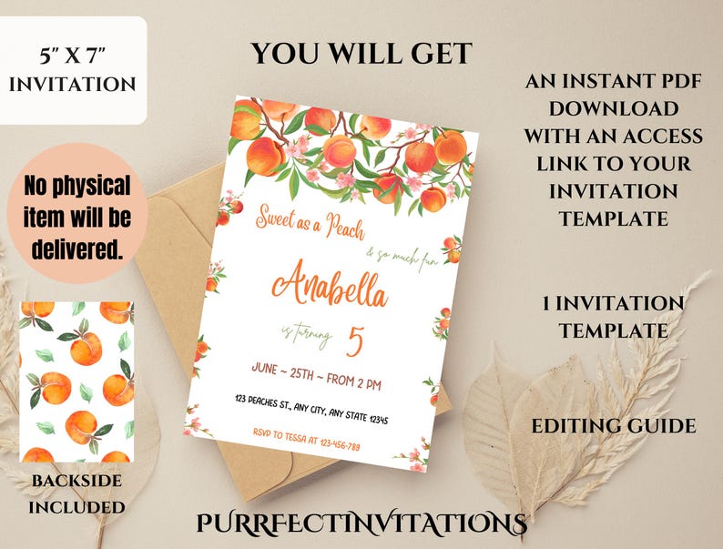 Editable Peach Birthday Invitation, Sweet as a Peach Invitation ...