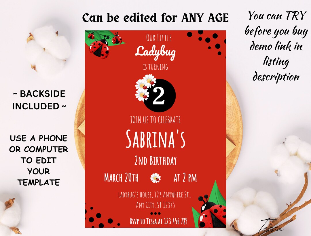 Editable Ladybug Birthday Invitation, Red Ladybug Birthday Invite, ANY ...