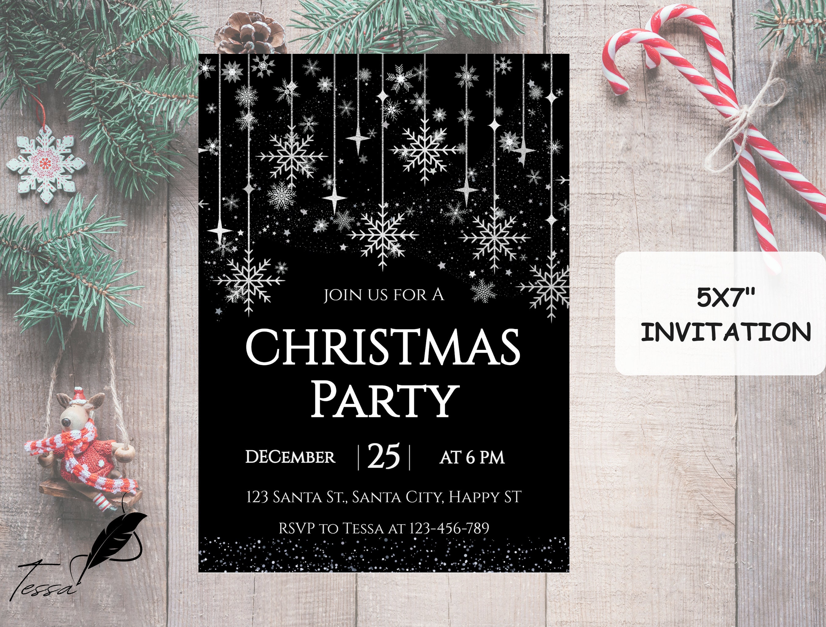 Editable Christmas Party Invitation Black Silver Christmas Invite ...