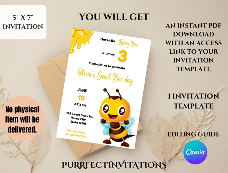 Canva Editable Bee Birthday Invitation, Cute Bee Birthday Invite, Honey ...