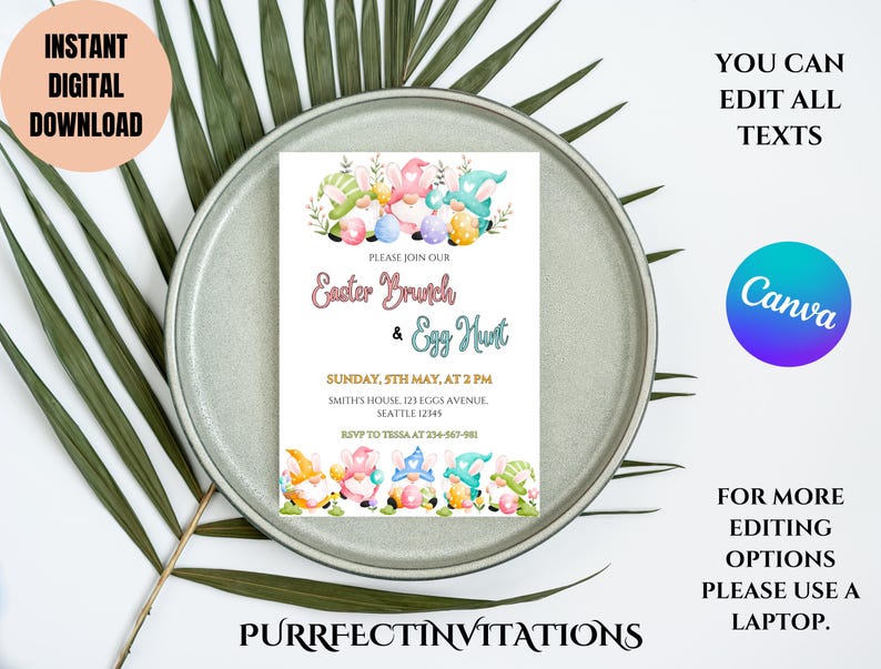 Canva Editable Gnome Easter Egg Hunt Invite Easter Brunch Invitation ...
