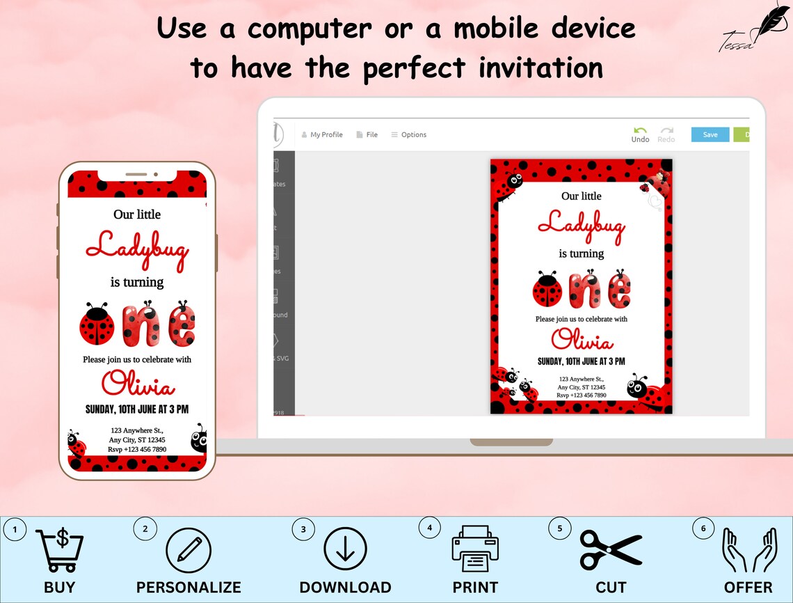 Editable Ladybug 1st Birthday Invitation, Ladybug Invitation, Birthday ...