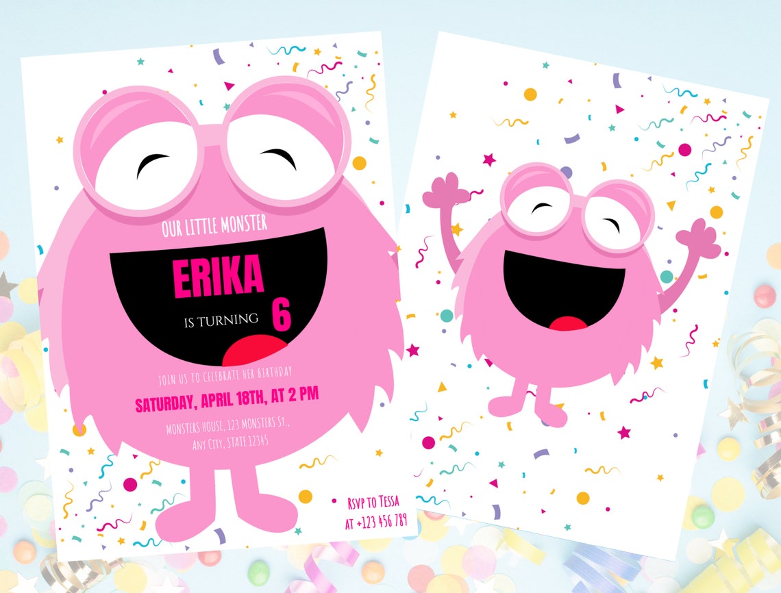 EDITABLE Cute Monsters Birthday Invitation, Pink Monster Birthday Party ...