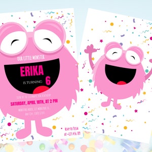 EDITABLE Cute Monsters Birthday Invitation, Pink Monster Birthday Party ...