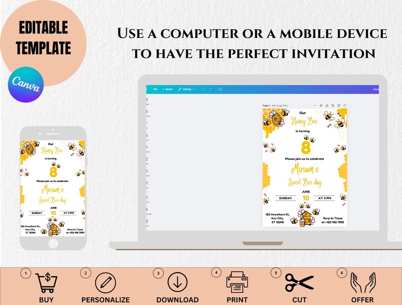 Canva Editable Bee Birthday Invitation, Bee Birthday Invite, Honey Bee ...