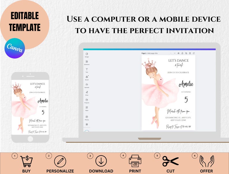 Editable Ballerina Birthday Party Invitation, DIY Tutu Ballerina Dress ...