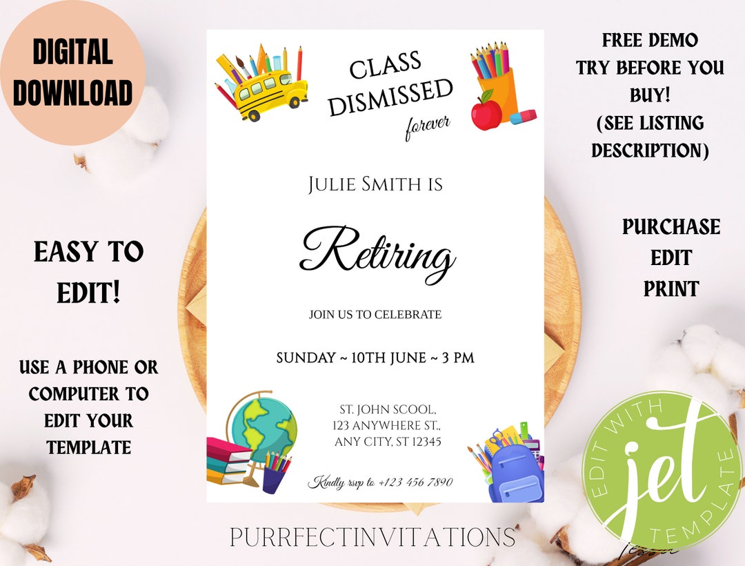 Editable Teacher Retirement Invitation, Educator Retirement Party ...
