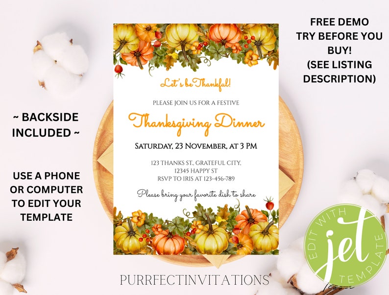 EDITABLE Thanksgiving Invitation Fall Thanksgiving Invite Pumpkins ...