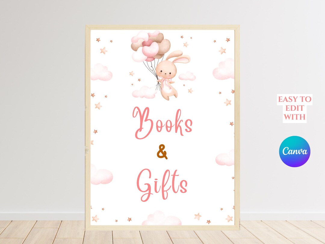 Editable Cute Bunny Books & Gifts Sign Baby Shower, Pink Bunny Books ...