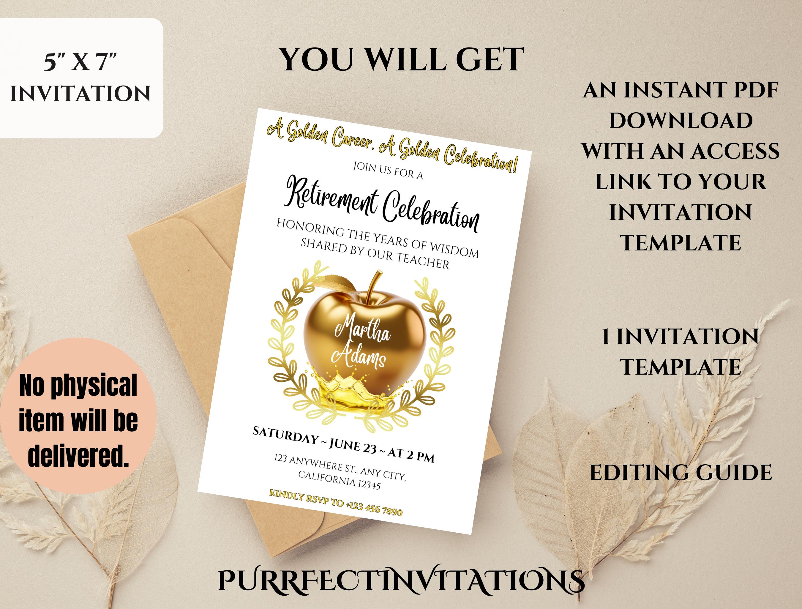 Gold Teacher Retirement Invitation: Editable Party Invite (digital ...