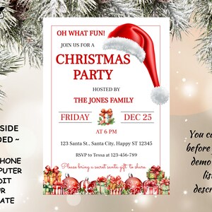 Editable Christmas Party Invitation Christmas Dinner Party Invite Santa ...
