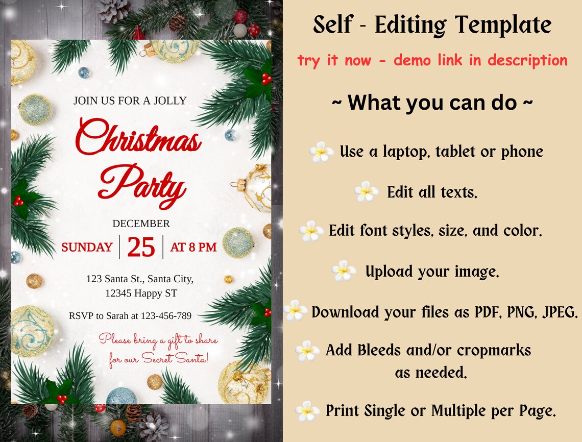 Editable Christmas Party Invitation Christmas Party Invite Elegant ...