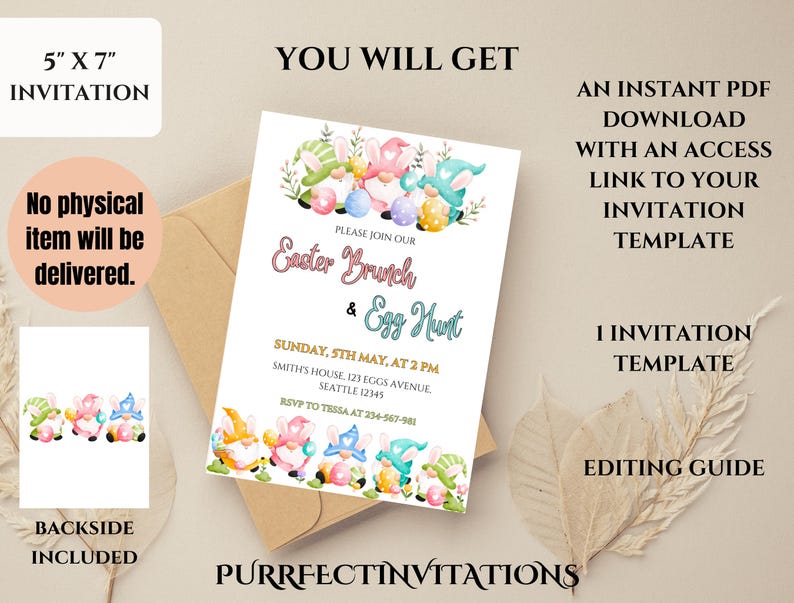 Canva Editable Gnome Easter Egg Hunt Invite Easter Brunch Invitation ...