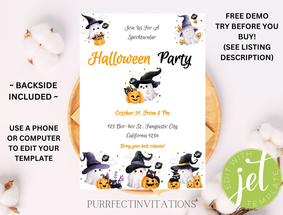 EDITABLE Cute Ghost Witches Halloween Party Invitation, Pumpkins ...