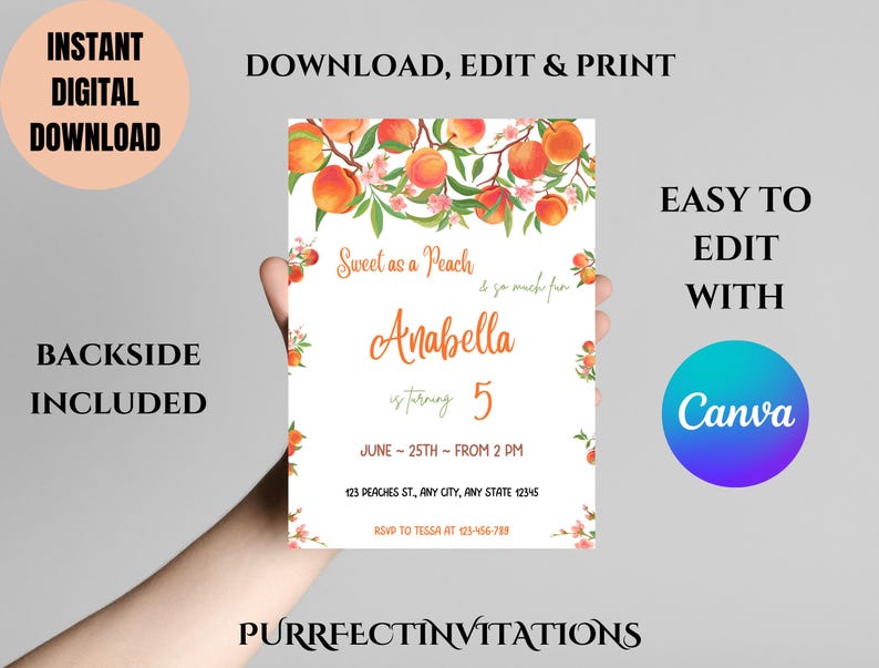Editable Peach Birthday Invitation, Sweet as a Peach Invitation ...