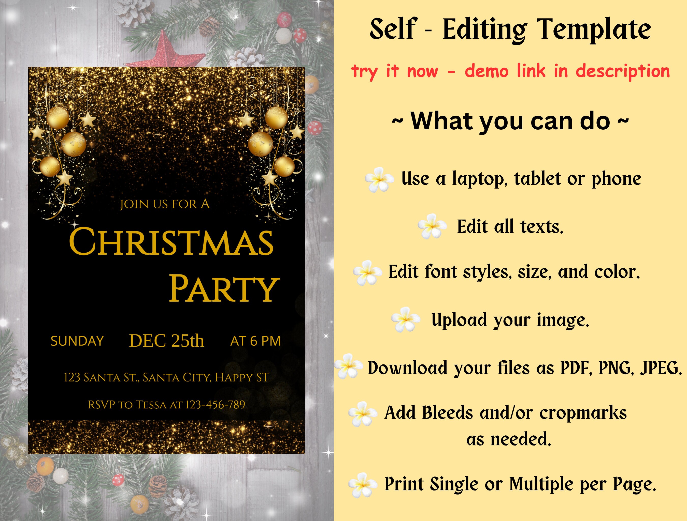 Editable Christmas Party Invitation Black Gold Christmas Invite Elegant ...