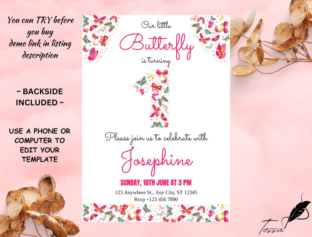 Editable Butterfly Birthday Invitation, 1st Birthday Invite, First ...