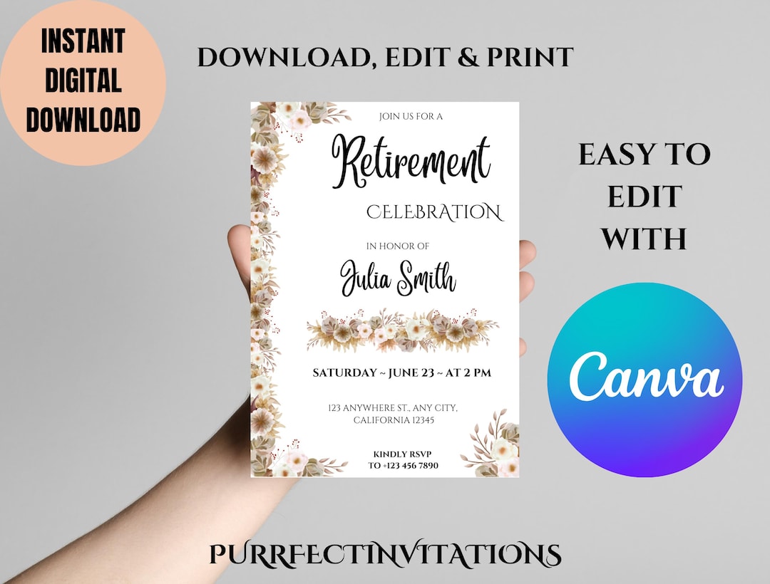 Editable Retirement Invitation Template, Boho Floral Retire Party ...