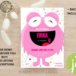 EDITABLE Cute Monsters Birthday Invitation, Pink Monster Birthday Party ...