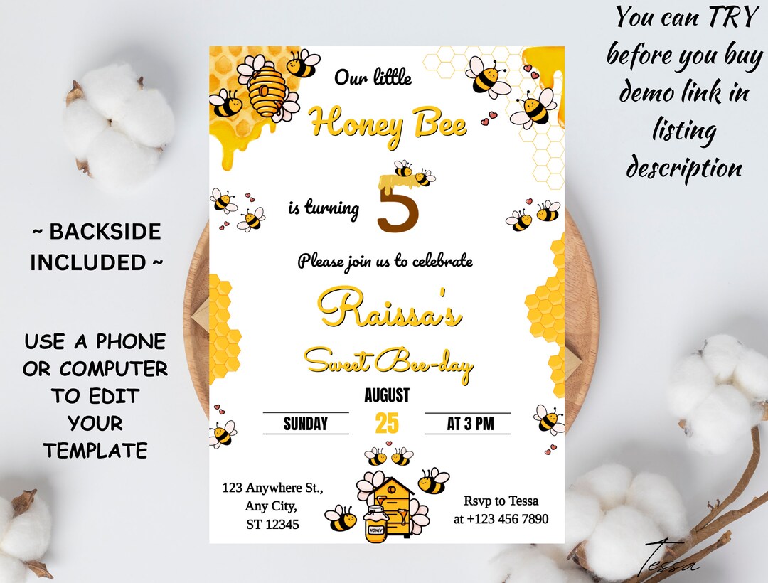 Editable Honey Bee Birthday Invitation, Bee Birthday Invite, Honey Bee ...