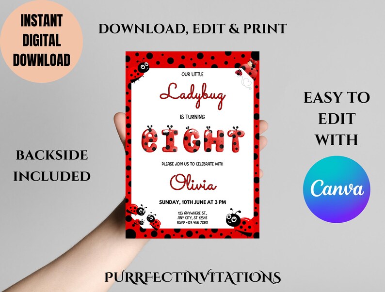Canva Editable 8th Birthday Invitation, Ladybug Invitation, Kids ...