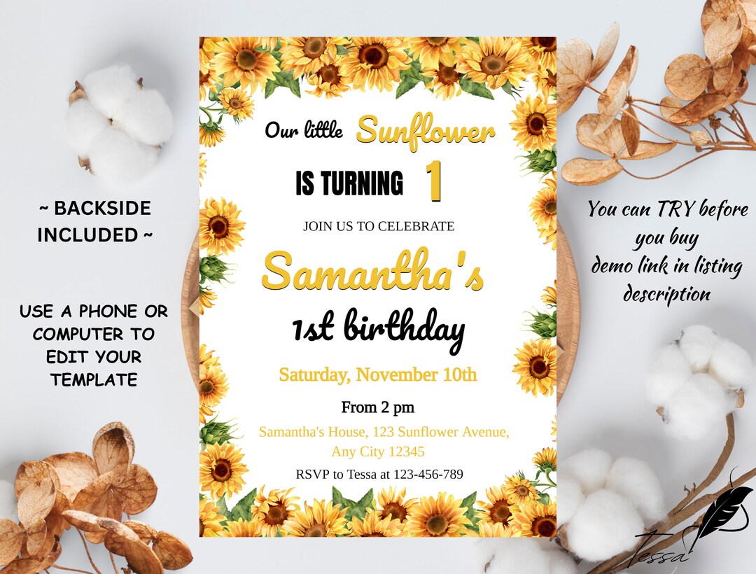 Editable Sunflower Birthday Invitation, Sunflower Birthday Invite ...