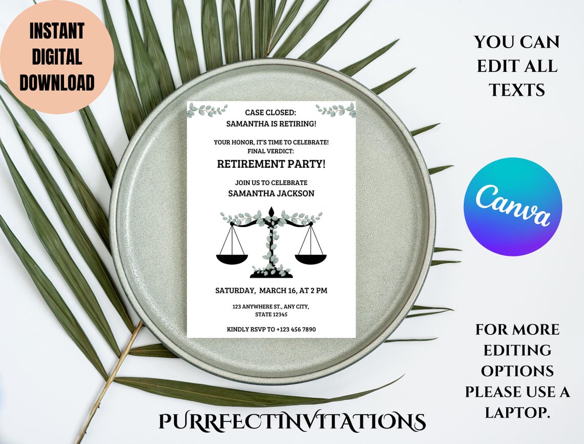 Elegant Judge Retirement Invitation Template: Scales of Justice ...