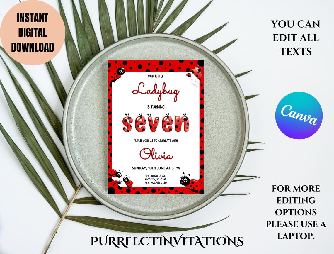Canva Editable 7th Birthday Invitation, Ladybug Invitation, Kids ...