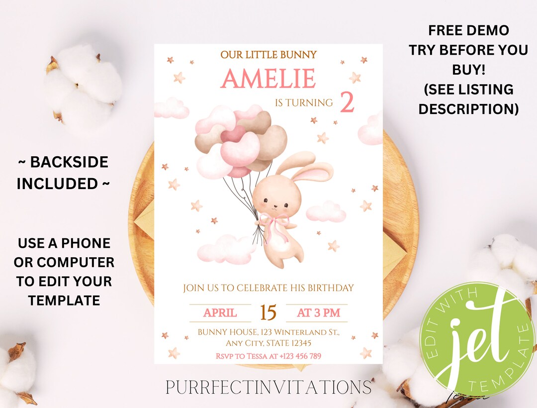 Editable ANY AGE Bunny Birthday Invitation Cute Bunny Birthday Invite ...