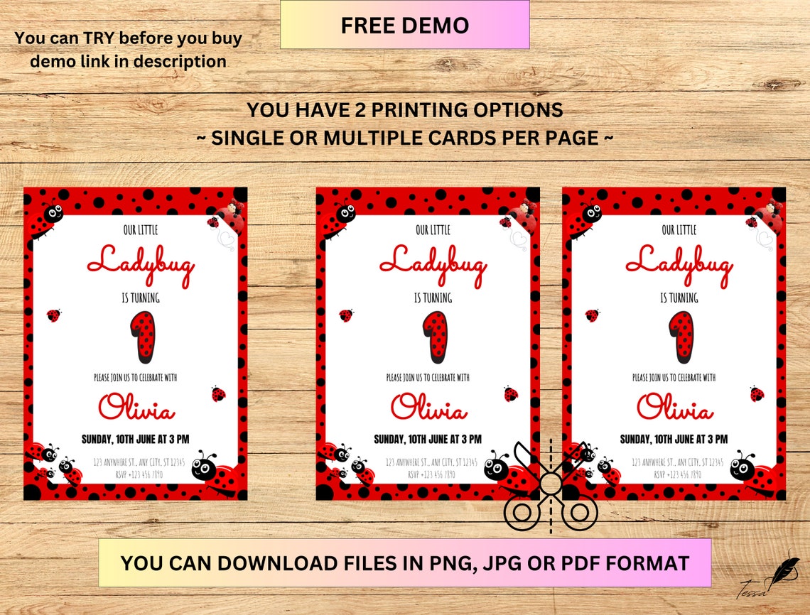 Editable 1st Ladybug Birthday Invitation, Ladybug Invitation, First ...