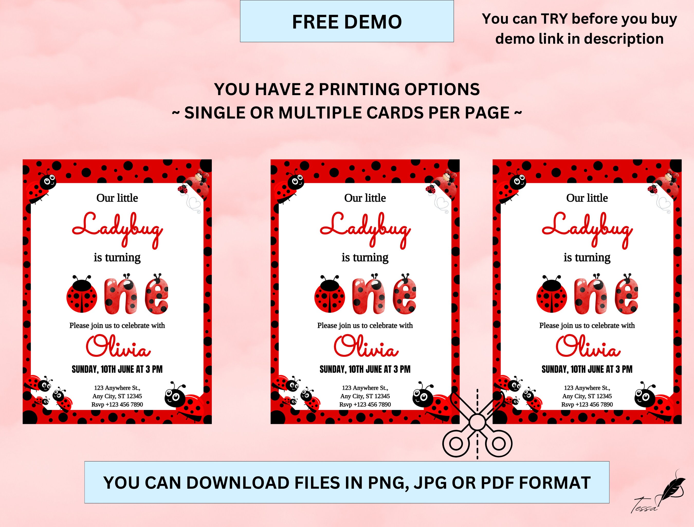 Editable Ladybug 1st Birthday Invitation, Ladybug Invitation, Birthday ...