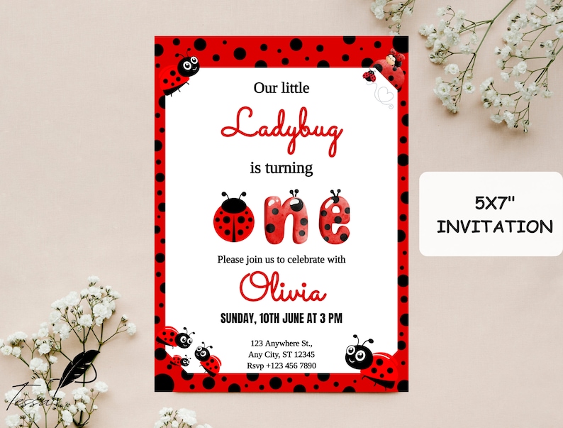 Editable Ladybug 1st Birthday Invitation, Ladybug Invitation, Birthday ...