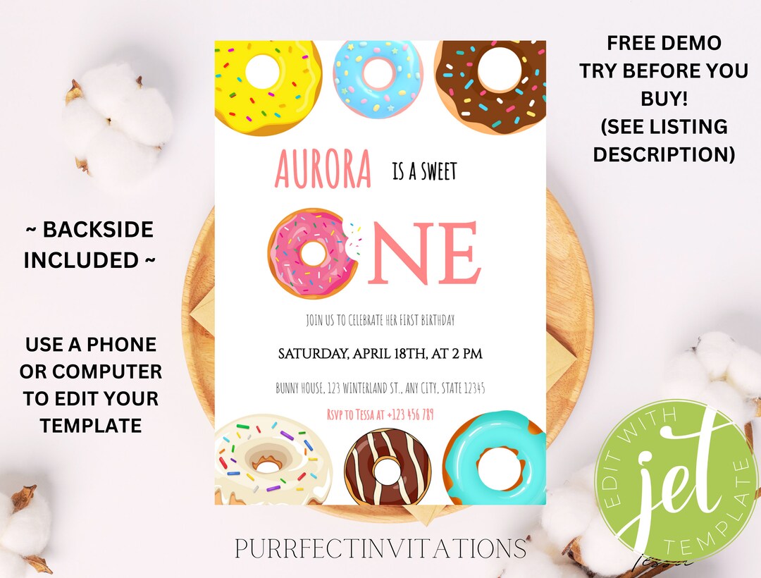 EDITABLE Doughnut Birthday Party Invitation, Sweet One Doughnuts Party ...