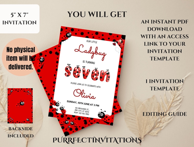 Canva Editable 7th Birthday Invitation, Ladybug Invitation, Kids ...