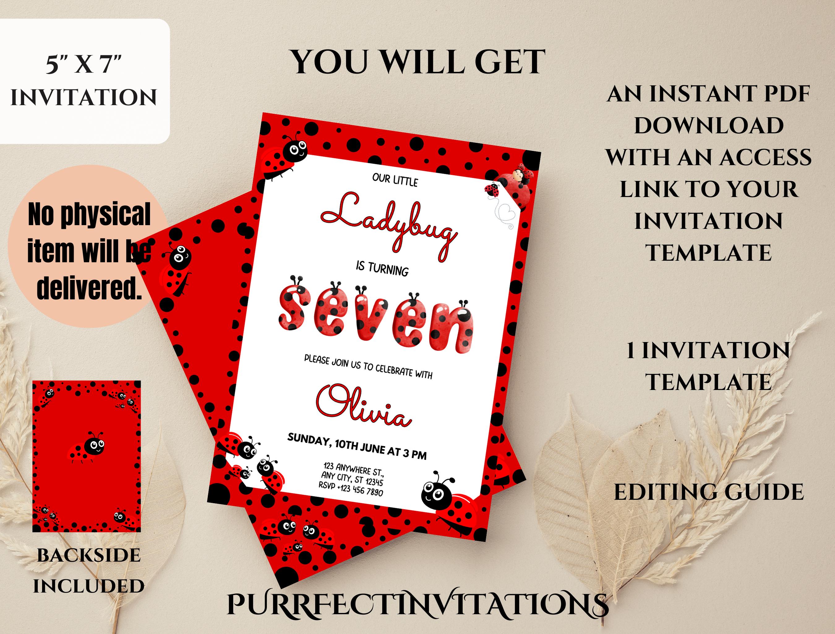 Canva Editable 7th Birthday Invitation, Ladybug Invitation, Kids ...