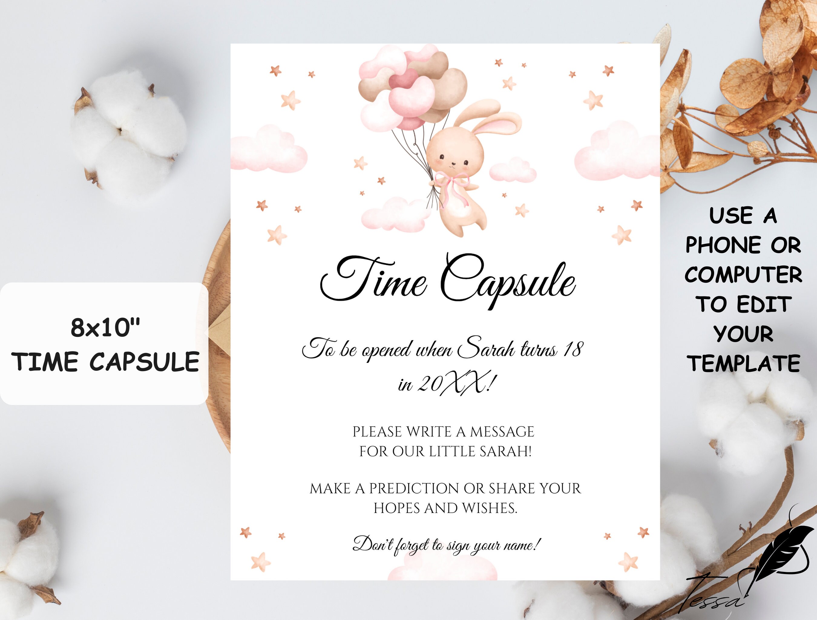 Editable Pink Bunny Time Capsule, Cute Bunny First Birthday Party ...