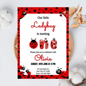 Editable Ladybug 1st Birthday Invitation, Ladybug Invitation, Birthday ...