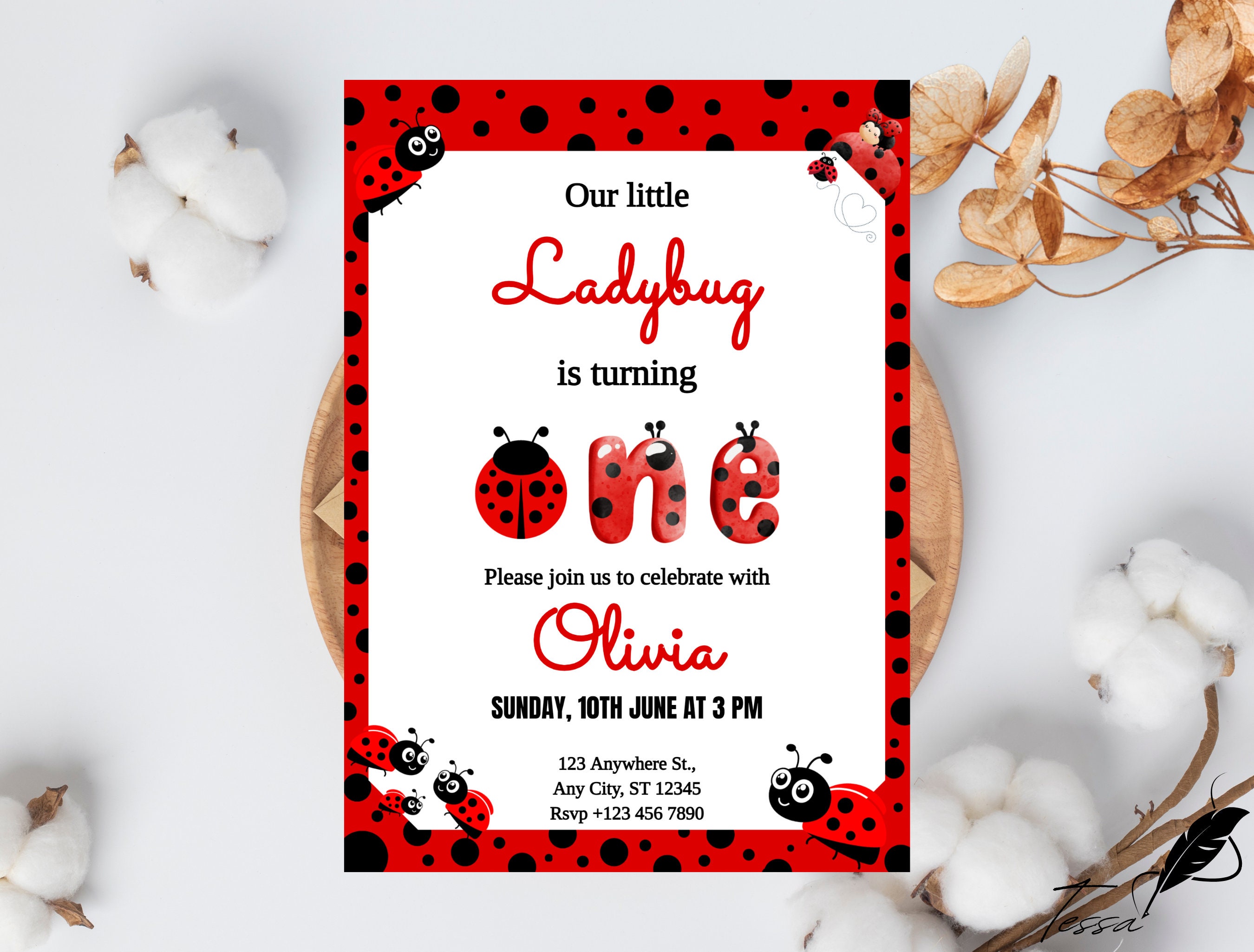 Editable Ladybug 1st Birthday Invitation, Ladybug Invitation, Birthday ...