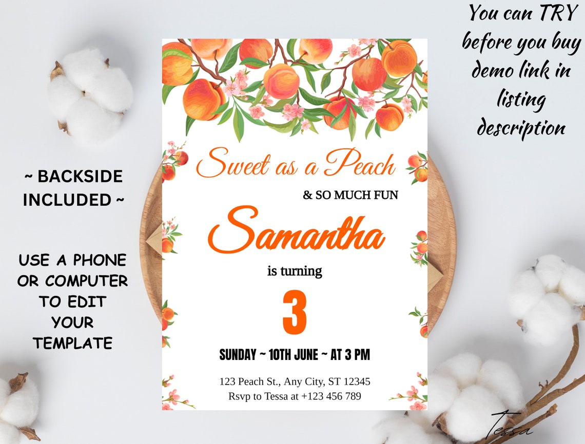 Editable Peach Birthday Invitation Sweet as a Peach - Etsy