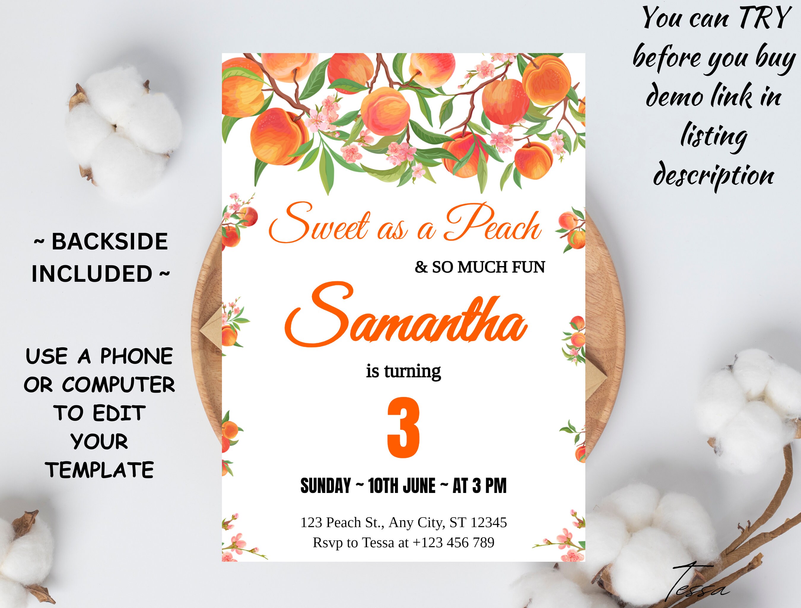 Editable Peach Birthday Invitation Sweet as a Peach - Etsy