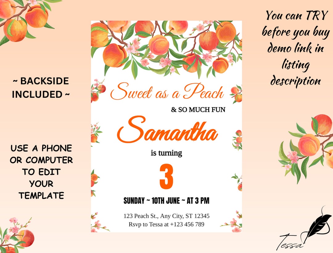 Editable Peach Birthday Invitation Sweet as a Peach - Etsy