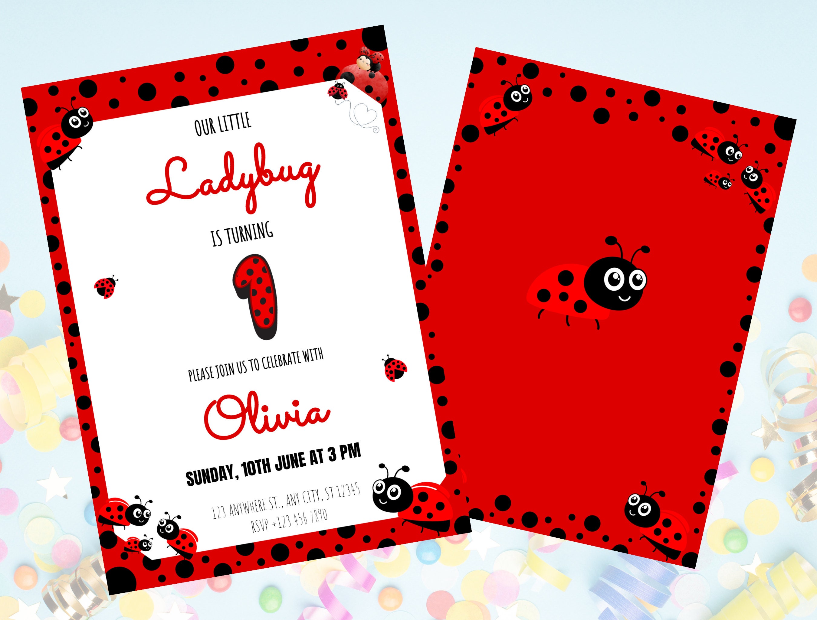 Editable 1st Ladybug Birthday Invitation, Ladybug Invitation, First ...